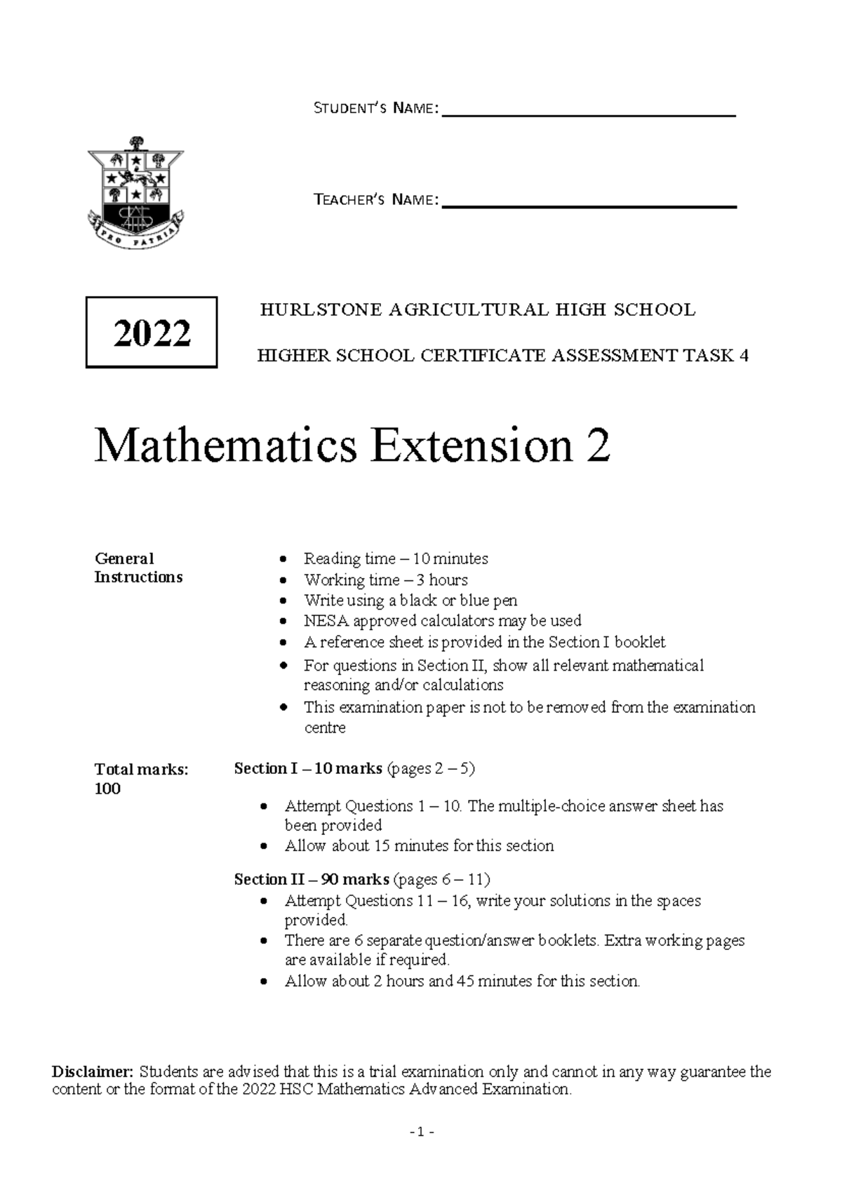 4u 2022 hurlstone trial paper Questions - S TUDENT’ S N AME : TEACHER ...
