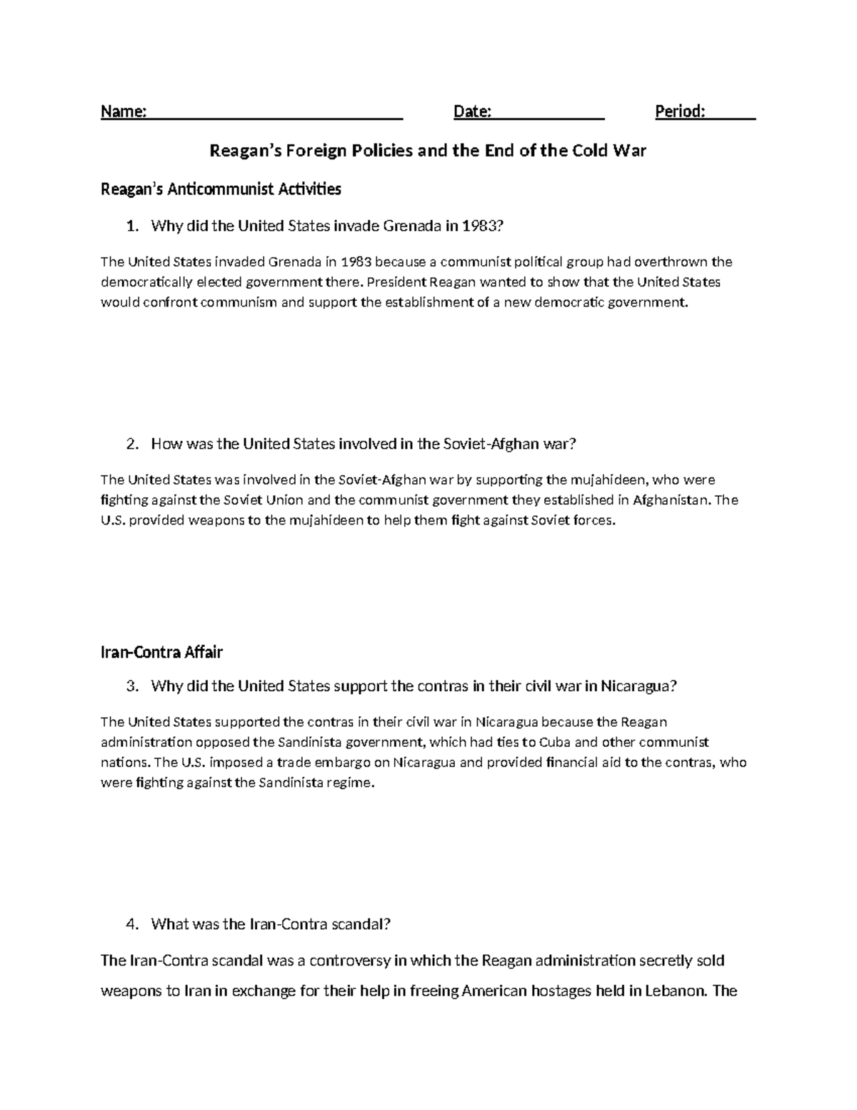 Reagans Foreign Policies and the End of the Cold War Activity - Name ...