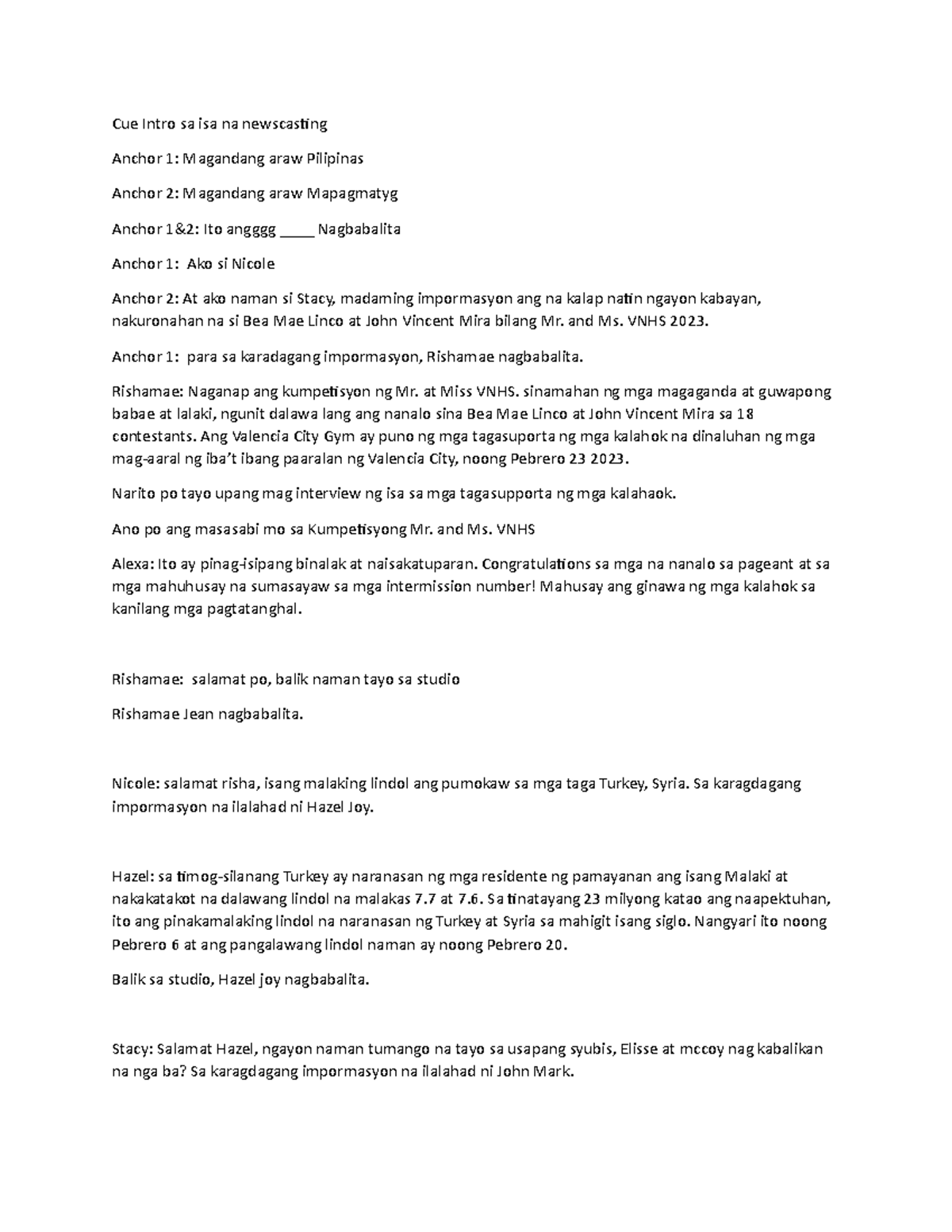 Pagbasa at pagsulat pagbabalita group 5 - Cue Intro sa isa na ...