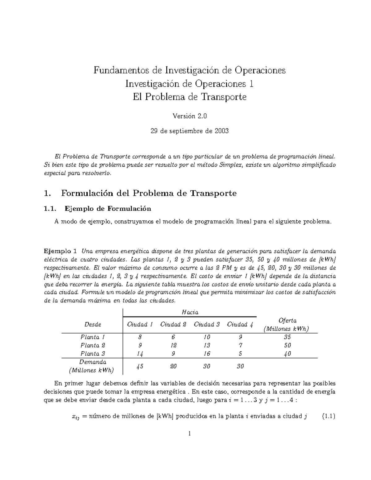 Elproblema DE Transporte - Fundamentos de Investigaci ́on de Operaciones Investigaci ́on de ...
