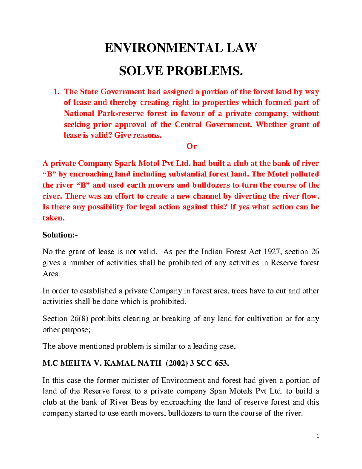 Solved environmental problems - ENVIRONMENTAL LAW SOLVE PROBLEMS. The ...