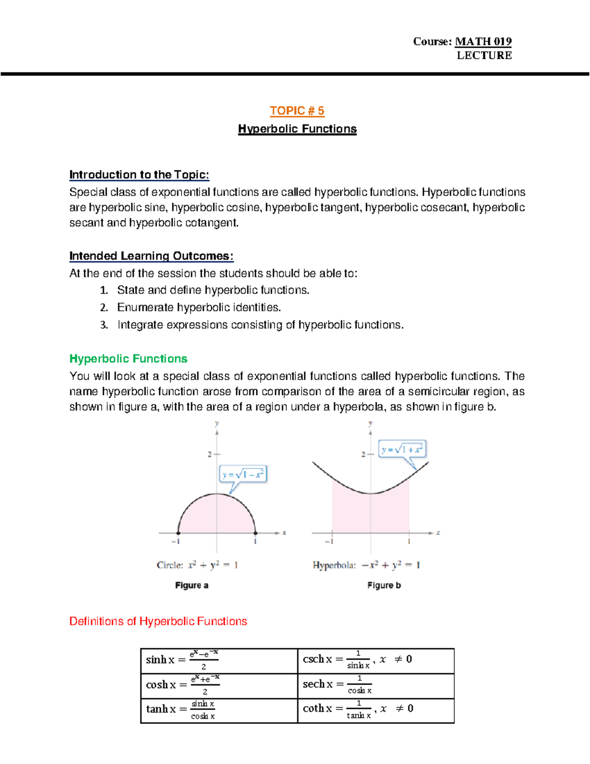 Hyperbolic Functions - Calculus 2 - TIP - Studocu