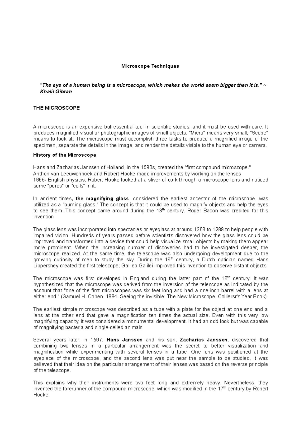 Microscope-Techniques - Microscope Techniques "The eye of a human being ...