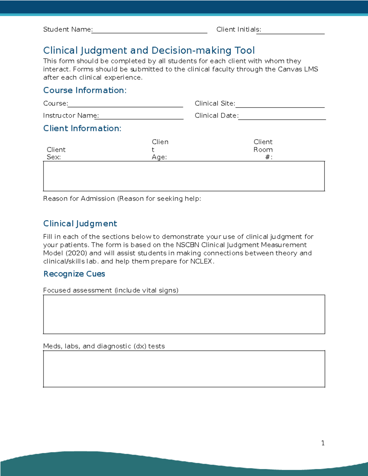 Clinical Judgment Measurement Model for Patient Plan of Care Printable ...