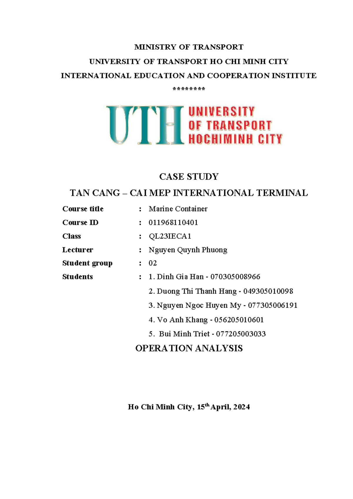 Group 2 TCIT - N/A - MINISTRY OF TRANSPORT UNIVERSITY OF TRANSPORT HO ...