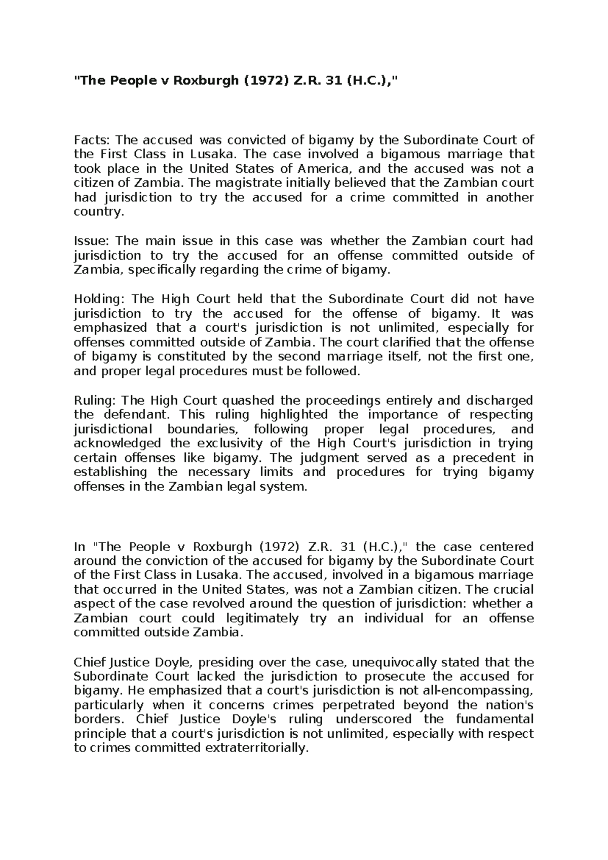 The People v Roxburgh - lecture notes - "The People v Roxburgh (1972) Z ...
