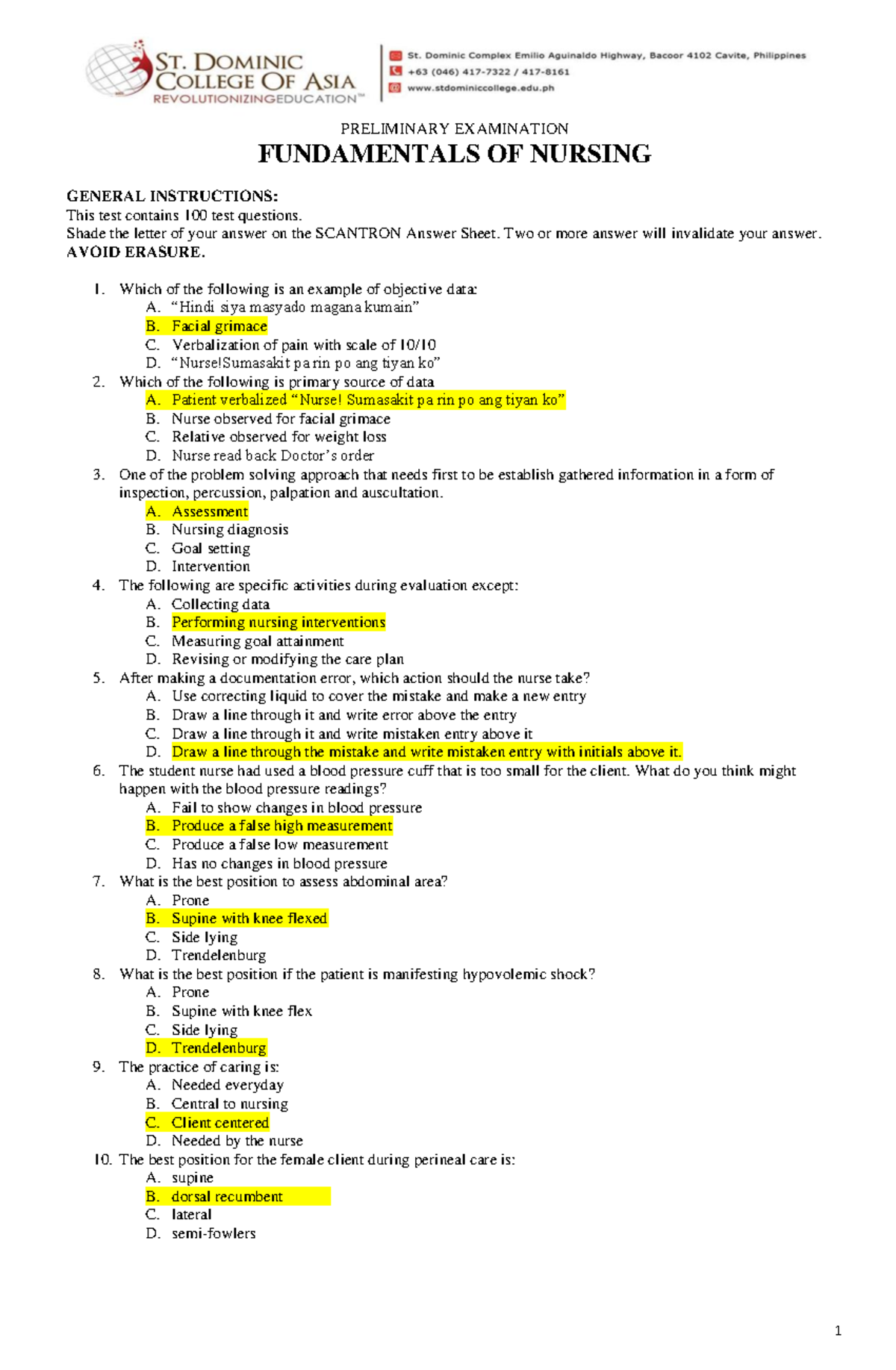 Fundamentals OF Nursing Prelim Answer - PRELIMINARY EXAMINATION ...