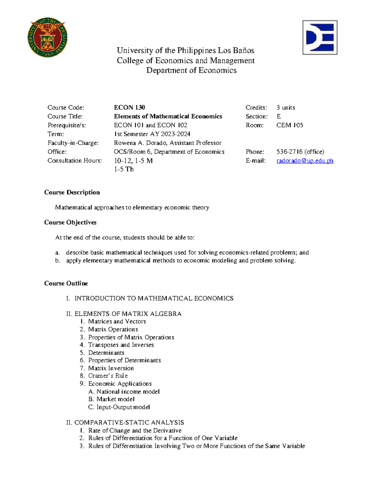 ECON 130 Course Guide 1sem2324 - University of the Philippines Los ...