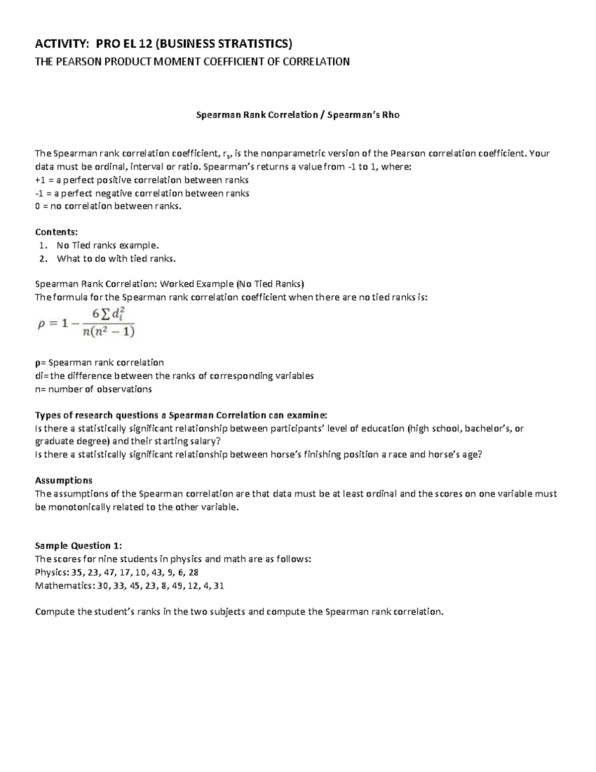 Activity FOR Spearman RANK Correlation - ACTIVITY: PRO EL 12 (BUSINESS ...