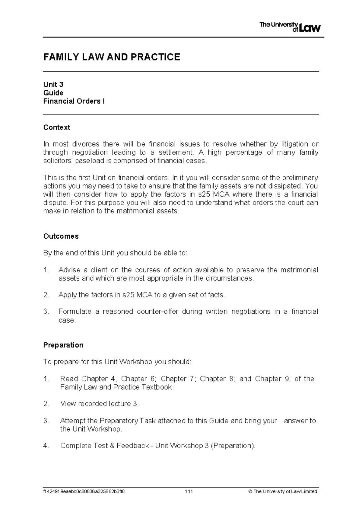 Unit 3 - Financial Orders I - FAMILY LAW AND PRACTICE Unit 3 Guide ...