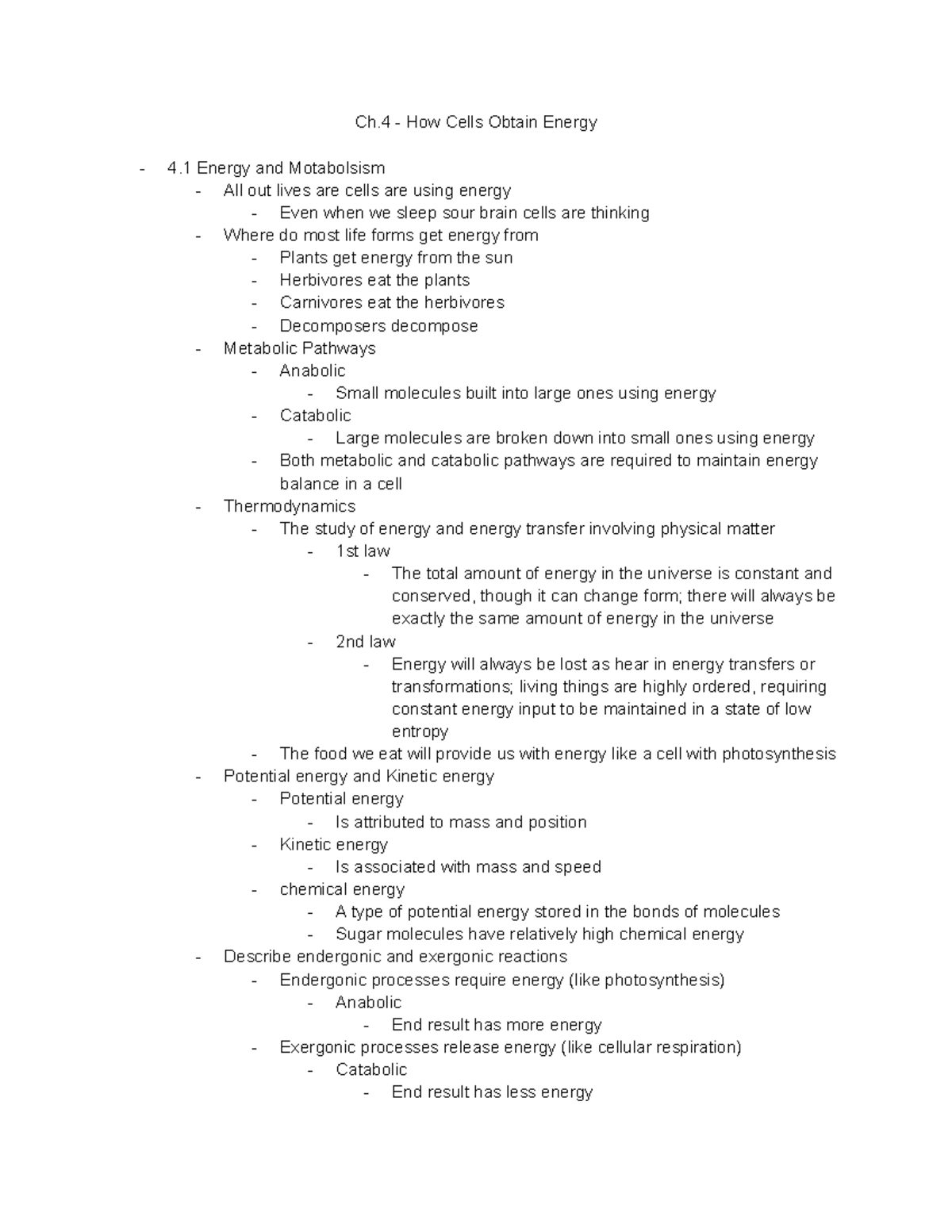 Ch.4 - How Cells Obtain Energy - How enzymes function as molecular ...