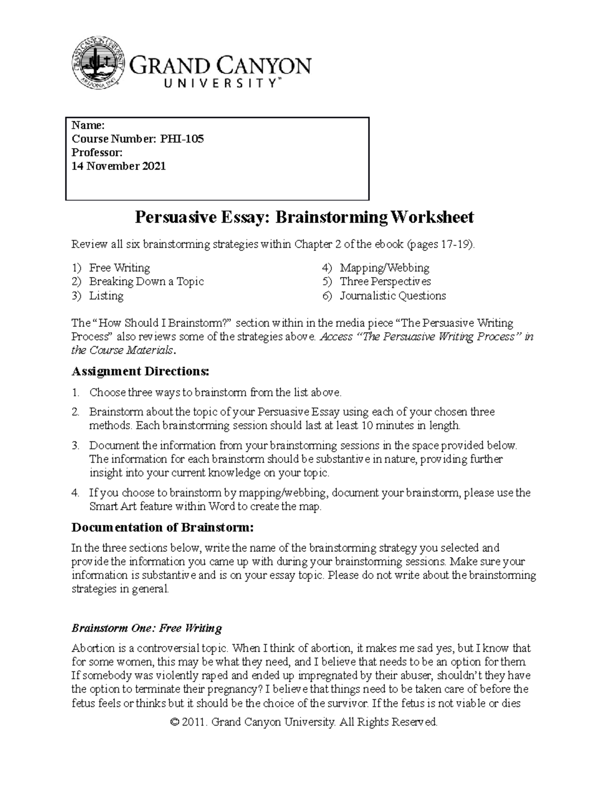 Brainstorming Worksheet - Name: Course Number: PHI- Professor: 14 ...