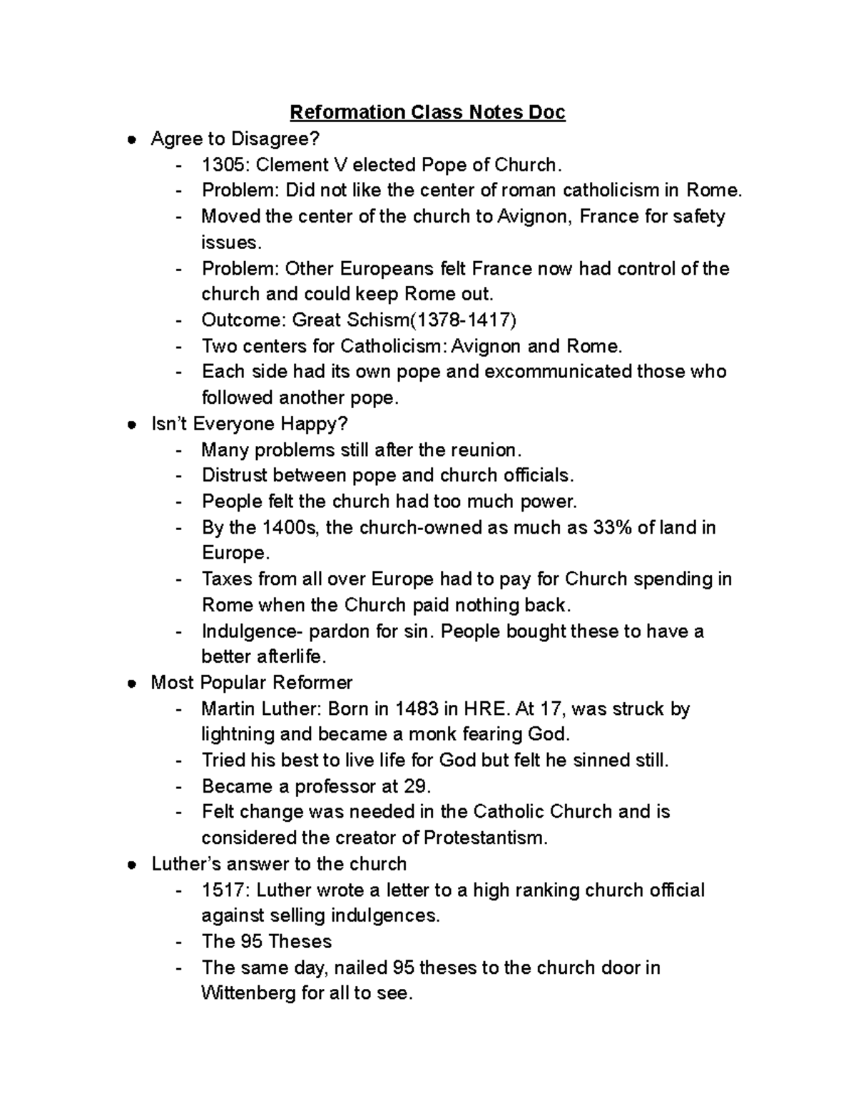 Reformation Class Notes - Problem: Did not like the center of roman ...