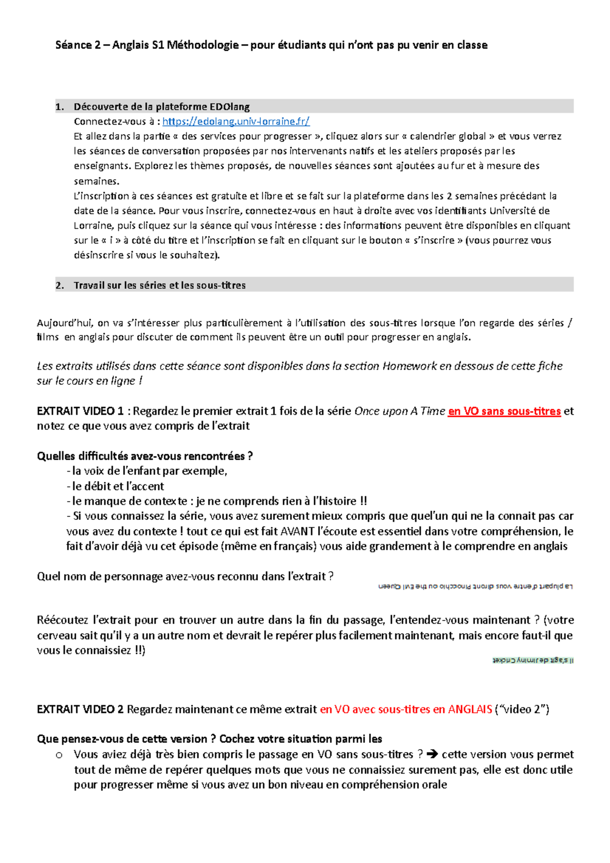 Anglais S1 fiche s Ã©ance 2 pour Ã©tudiants qui nont pas pu venir en ...