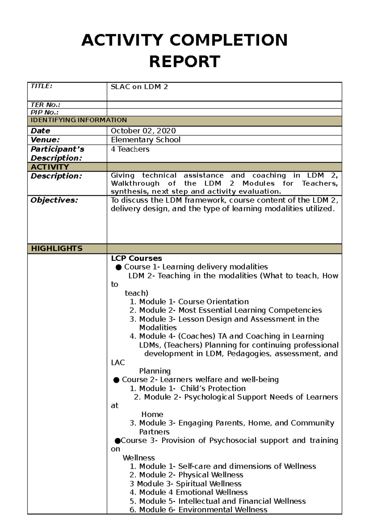 ACR SLAC ON LDM - none - ACTIVITY COMPLETION REPORT TITLE: SLAC on LDM ...