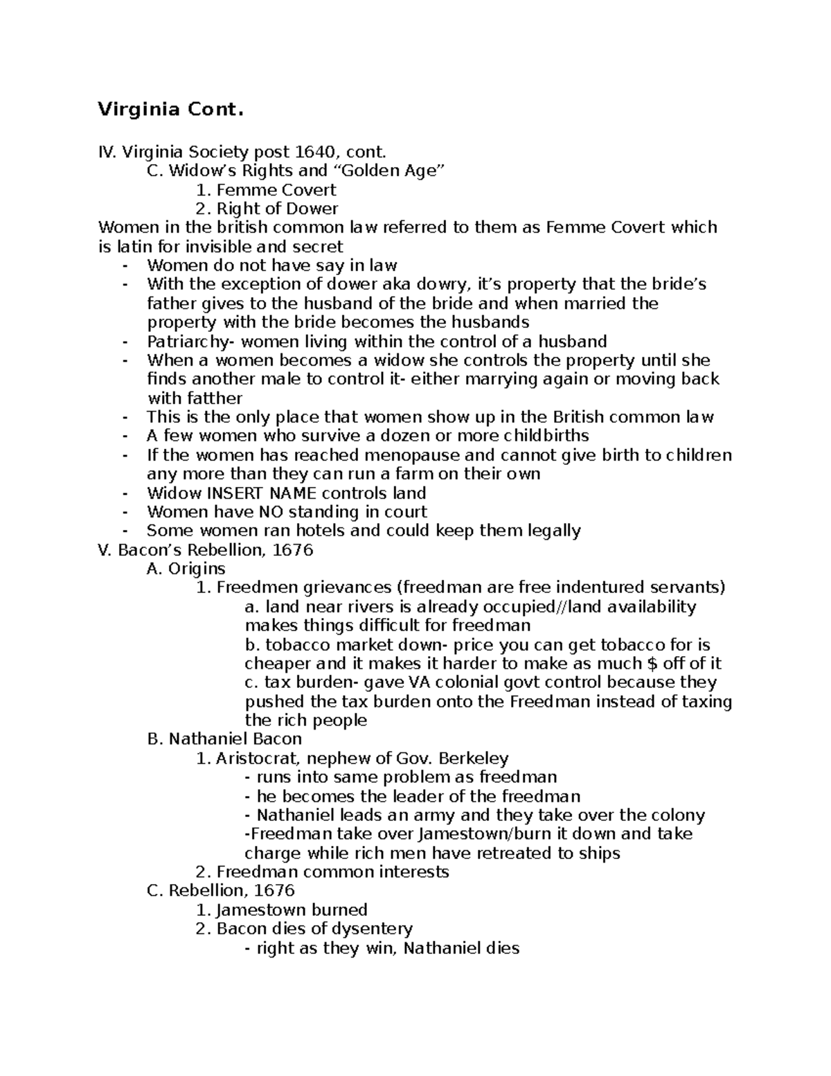 8-27 Notes SAH - lecture heavy course - Virginia Cont. IV. Virginia ...