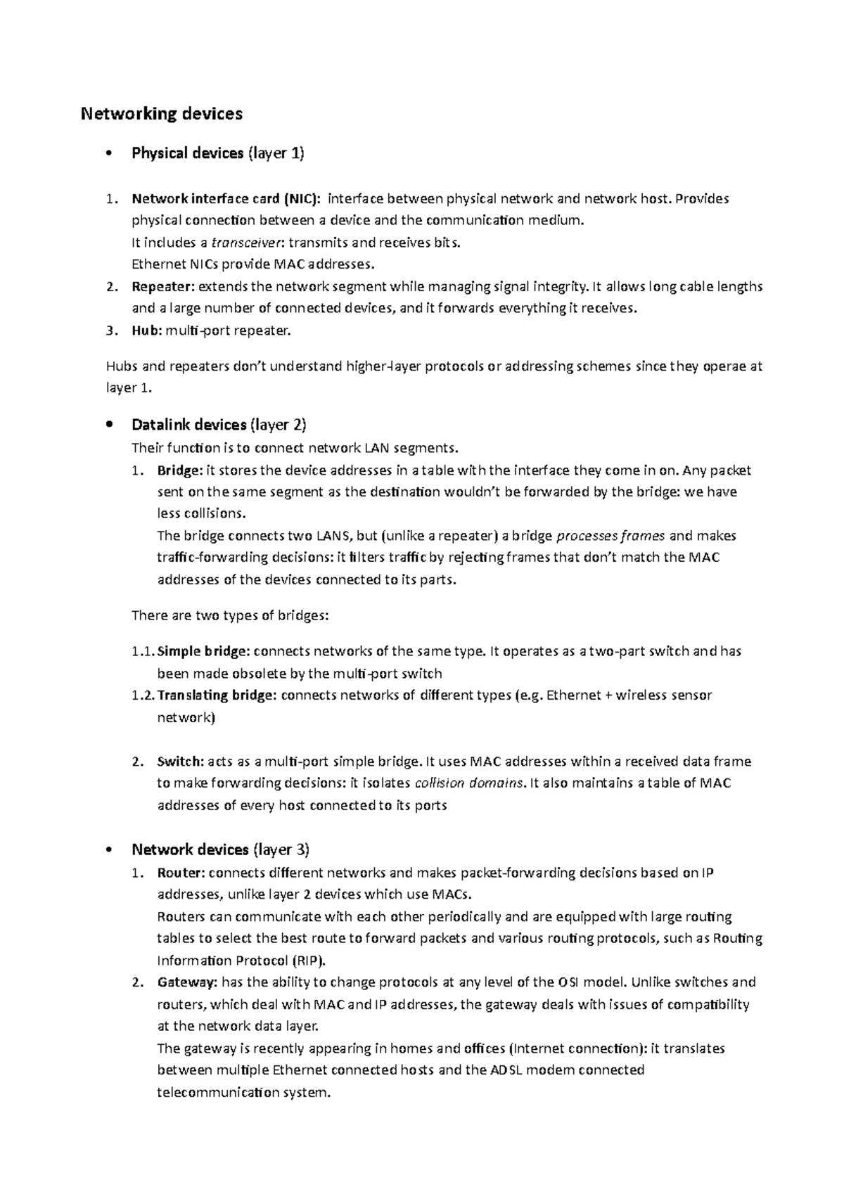 Networking devices - Lecture notes 3-4 - Networking devices Physical ...