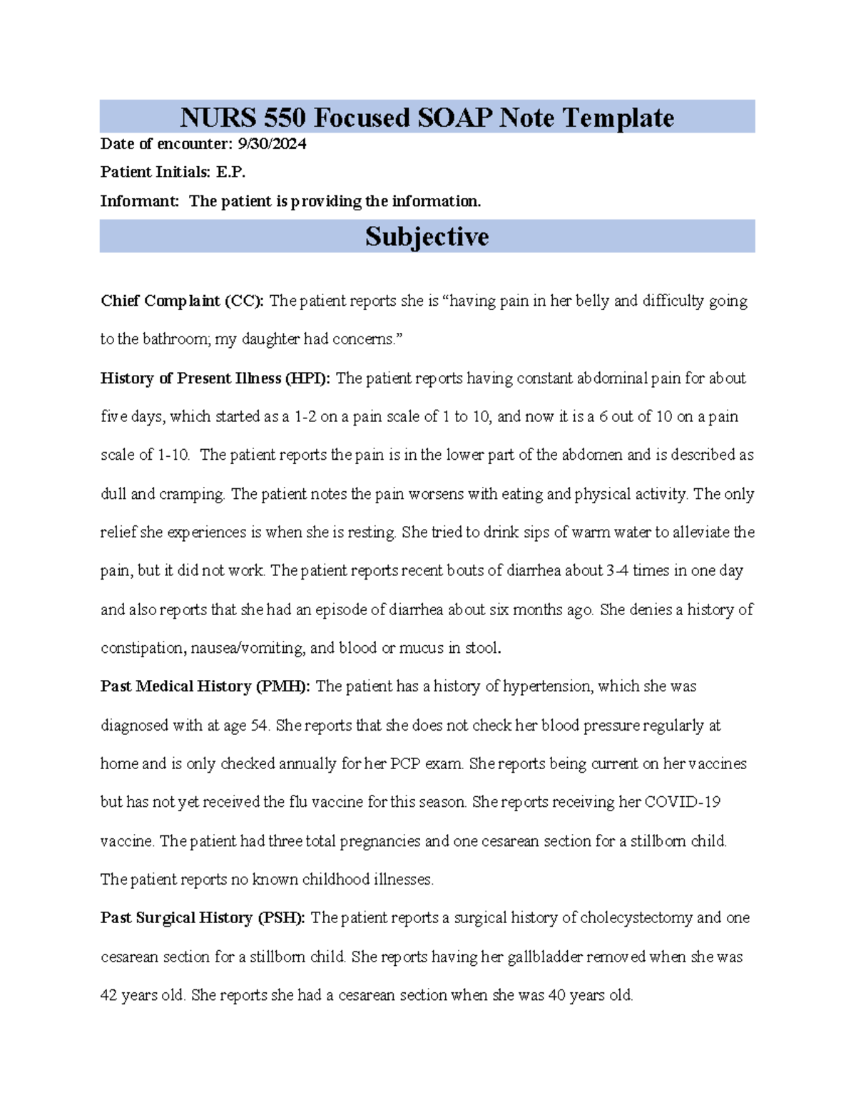 Esther park focused soap note copy - NURS 550 Focused SOAP Note ...