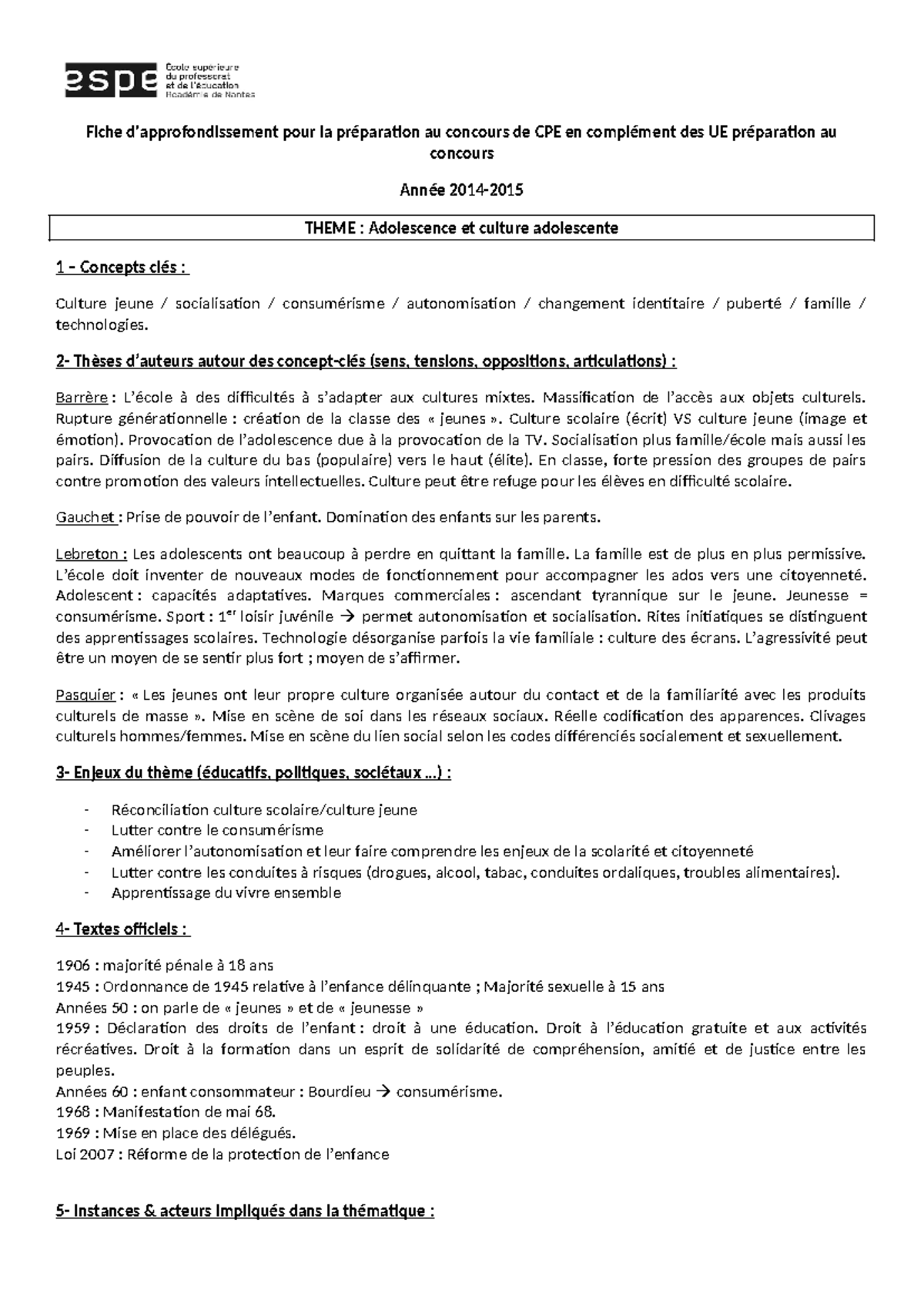 Fiche thématique Adolescence - Fiche d'approfondissement pour la ...