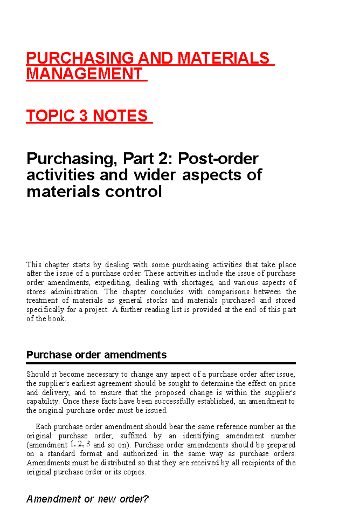 Topic 3 Notes - PURCHASING AND MATERIALS MANAGEMENT TOPIC 3 NOTES ...