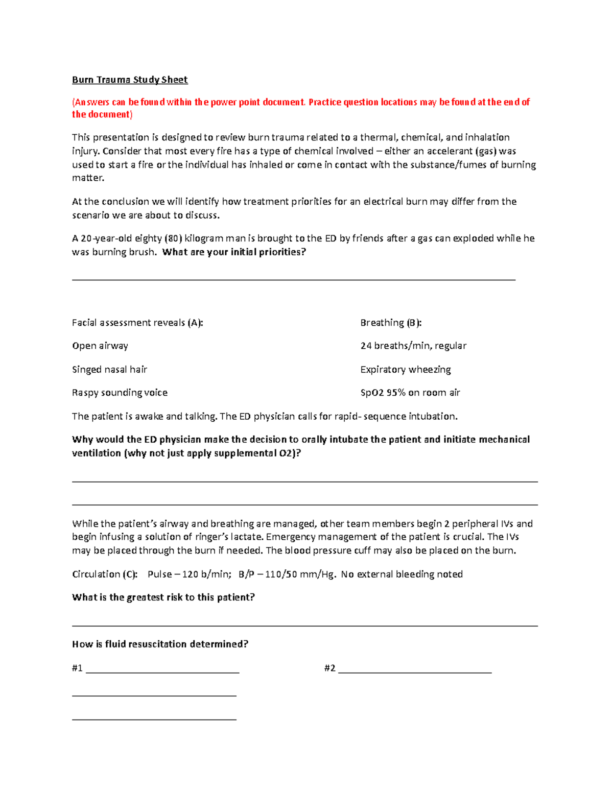 Burn Trauma Study sheet - Burn Trauma Study Sheet (Answers can be found ...