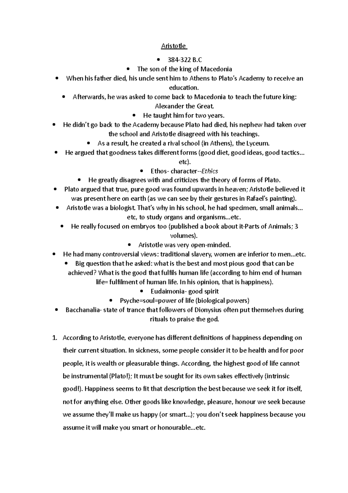 Aristotle - These notes are from my Honors Triple philosophy class ...