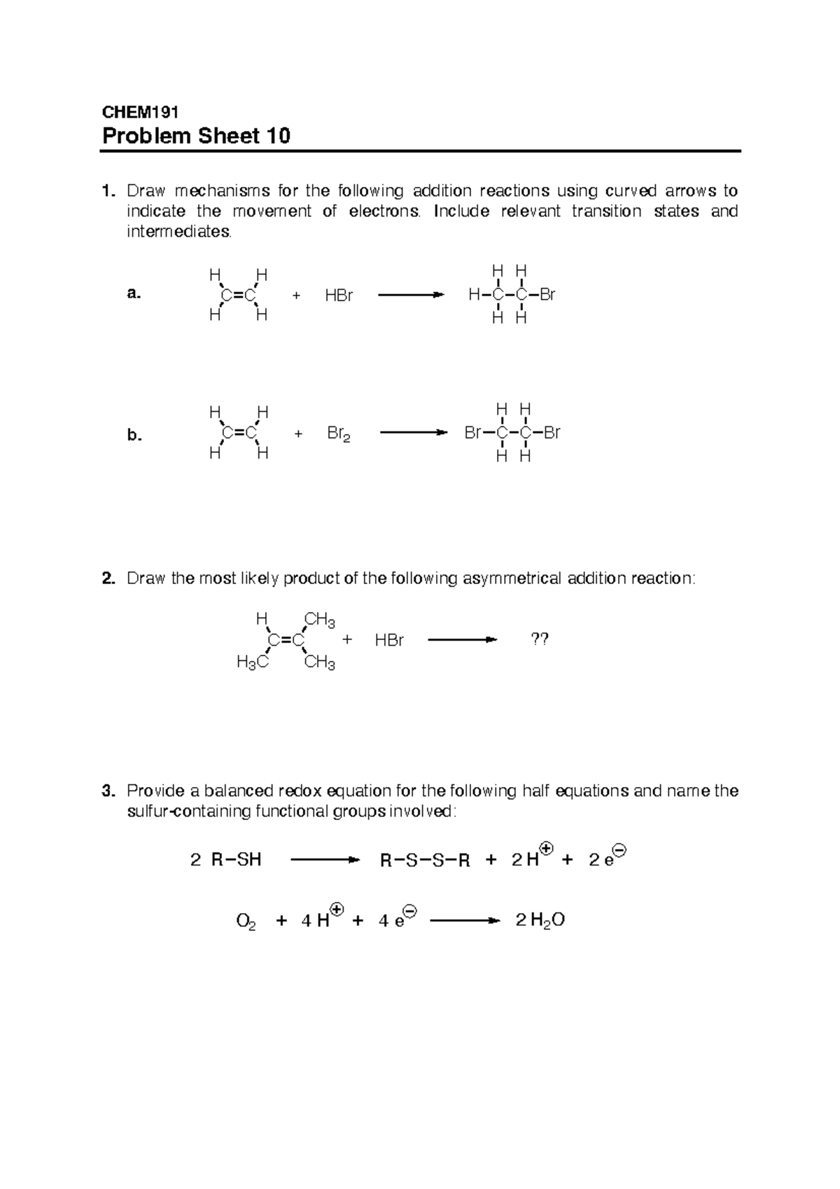 CHEM191 Problem Sheet Module 3 and 4 - CHEM Problem Sheet 10 1. Draw ...