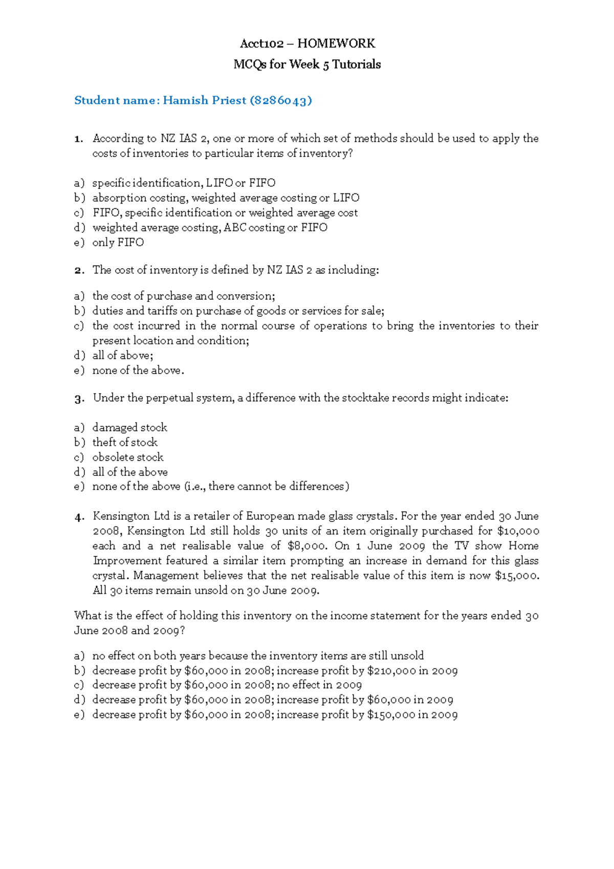 Part 2 - kjj - Acct102 – HOMEWORK MCQs for Week 5 Tutorials Student ...
