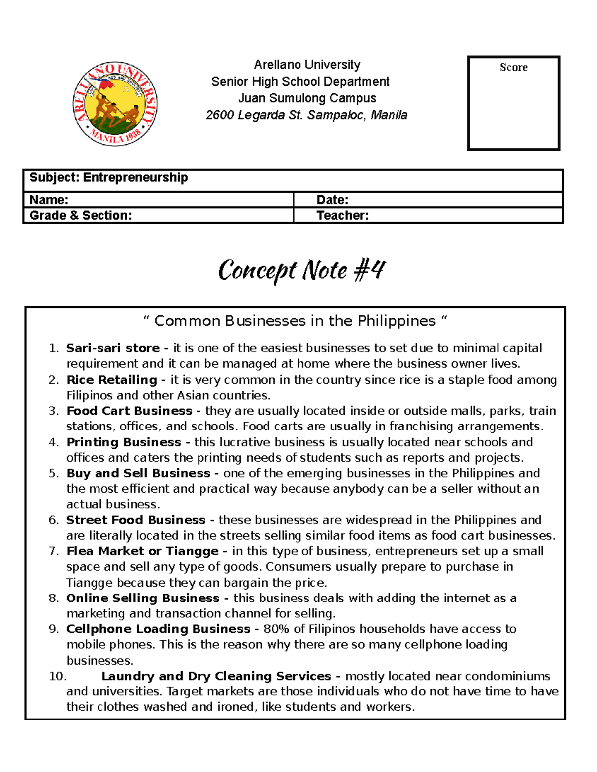 Concept-Note-5 - “ Common Businesses in the Philippines “ - Arellano ...