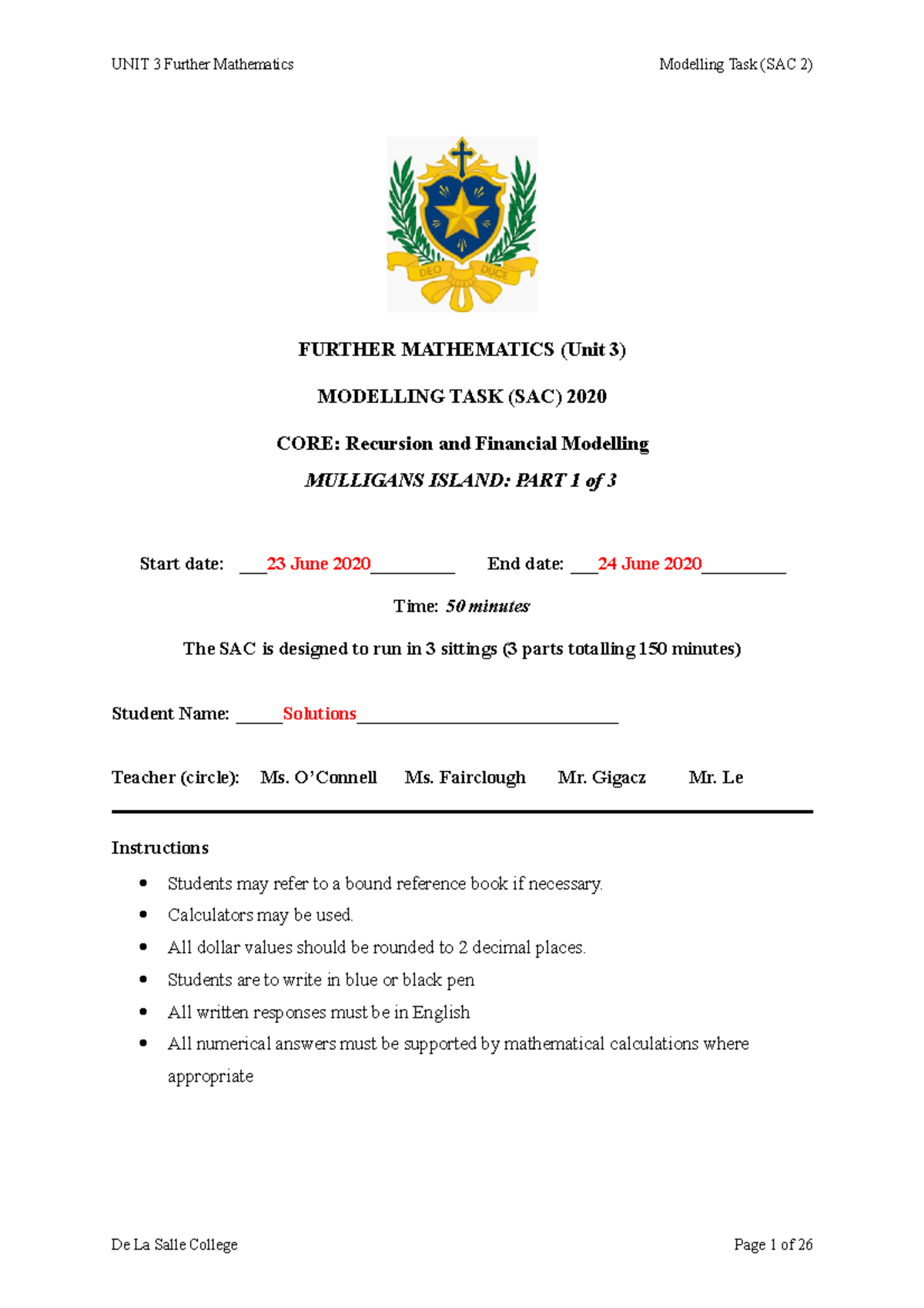 2020 Recursion and Financial Modelling SAC - Solutions - FURTHER MATHEMATICS (Unit 3) MODELLING ...
