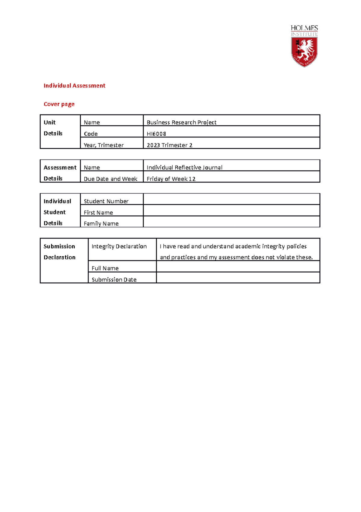 HI6008 2023 T2 Individual Reflective Journal - Individual Assessment ...
