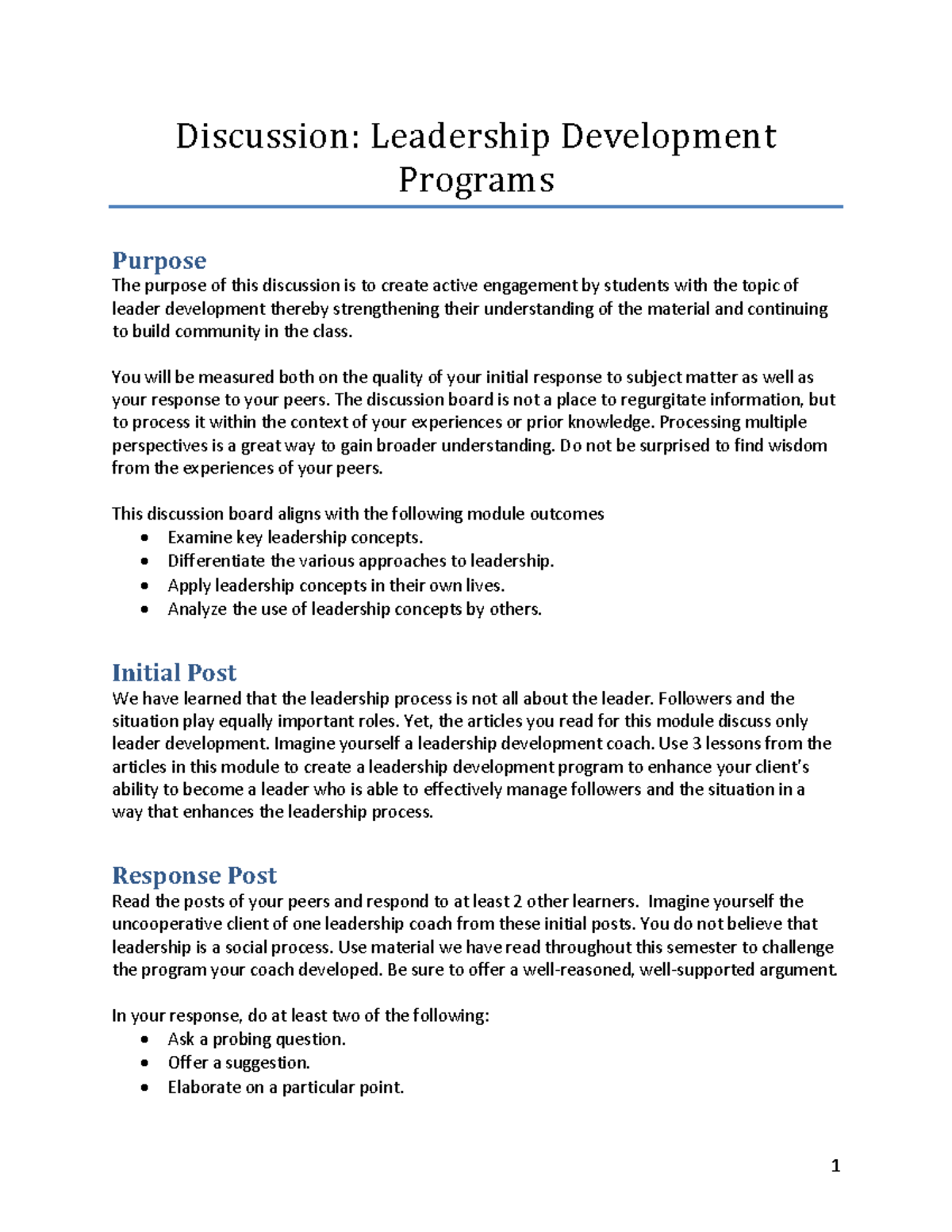 Leadership Development Progarm Discussion Instructions - 1 Discussion ...