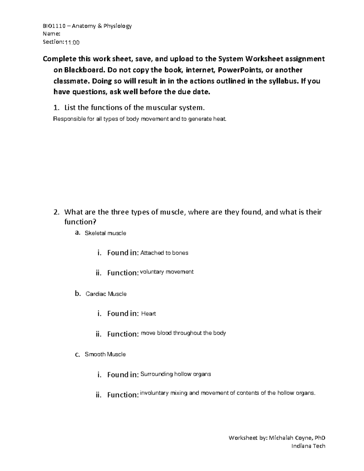 Kali - Weekly assignment - BIO1110 – Anatomy & Physiology Name: Section ...
