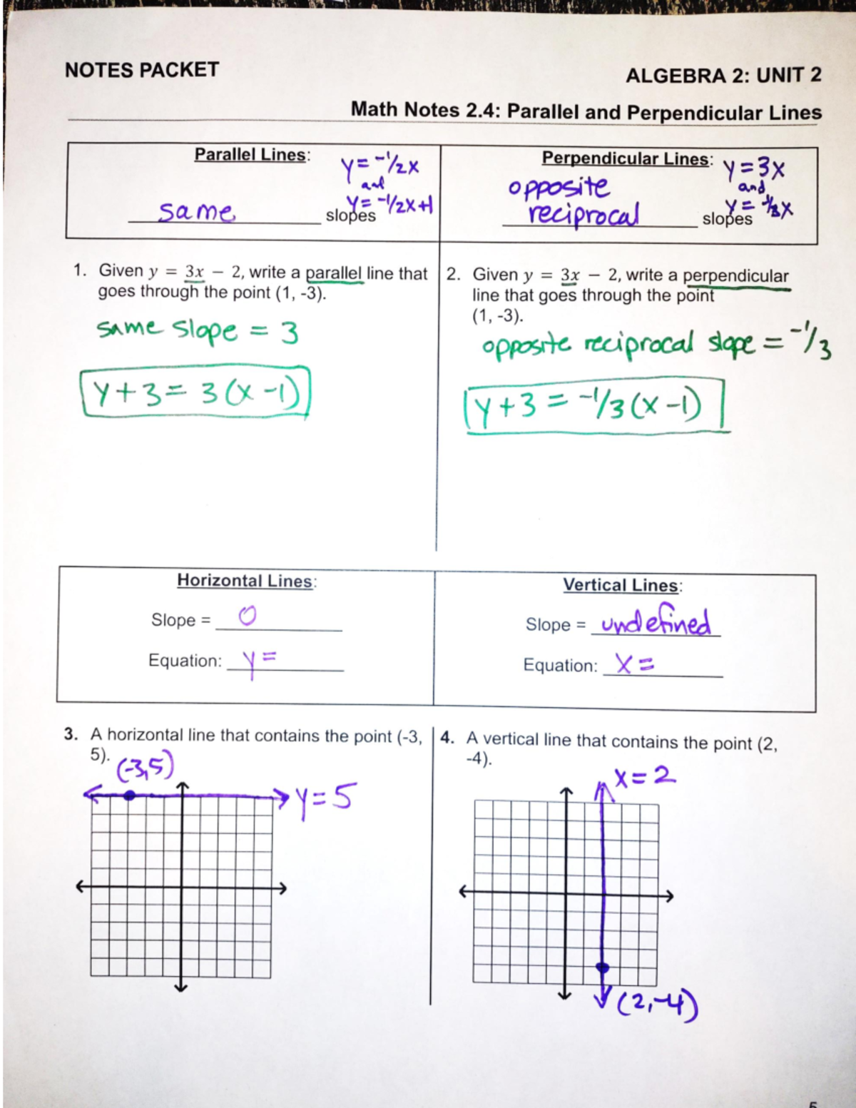 2 - pre calc - NOTES PACKET ALGEBRA 2: UNIT 2 Math Notes 2: Parallel ...