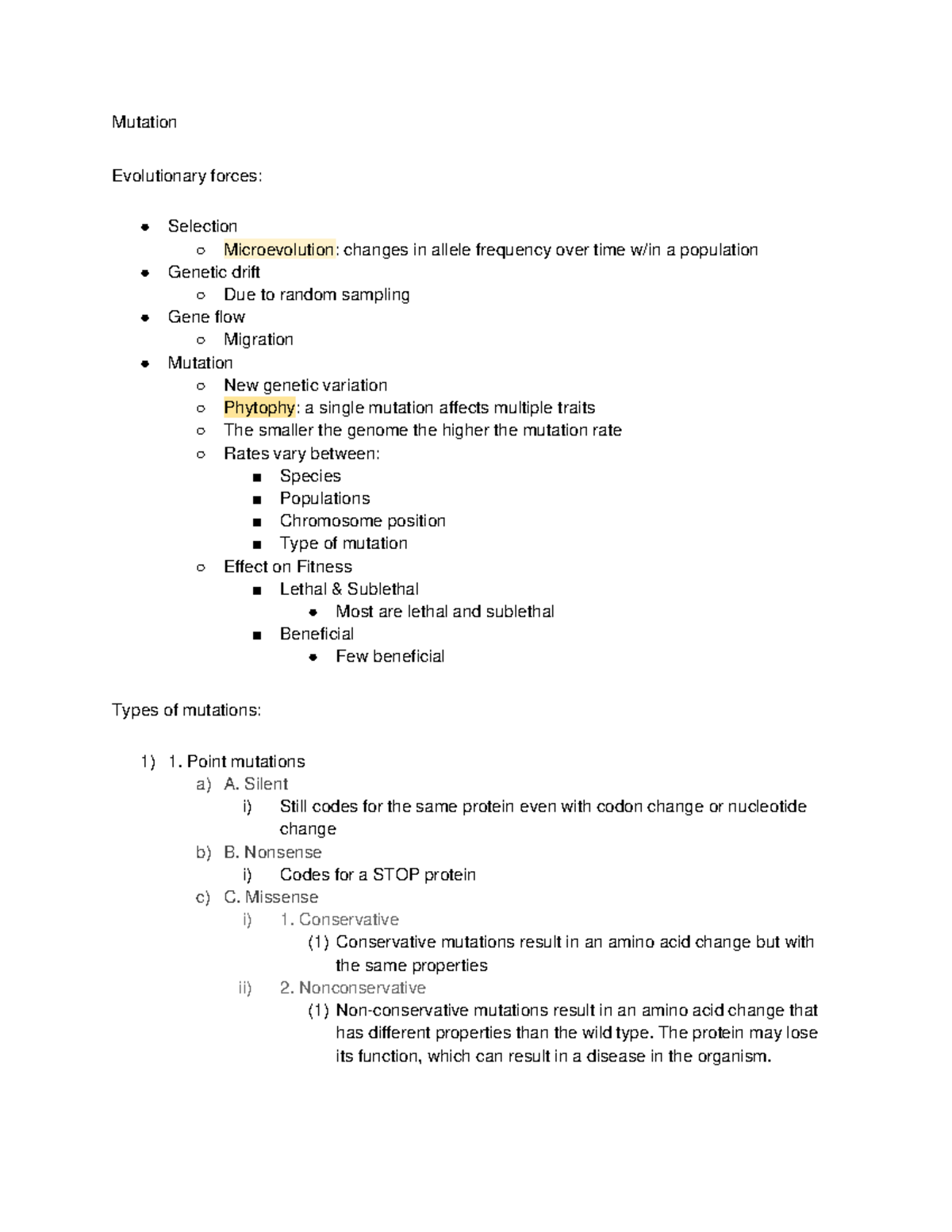 Mutation - Lecture notes - Mutation Evolutionary forces: Selection ...