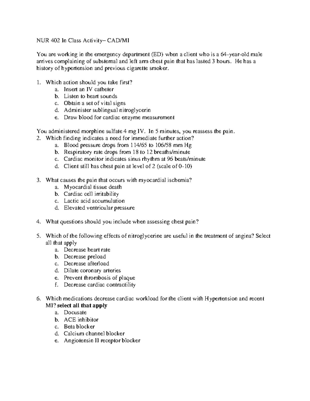 Week 2 - CAD & MI in class activity - NUR 402 In Class Activity– CAD/MI ...