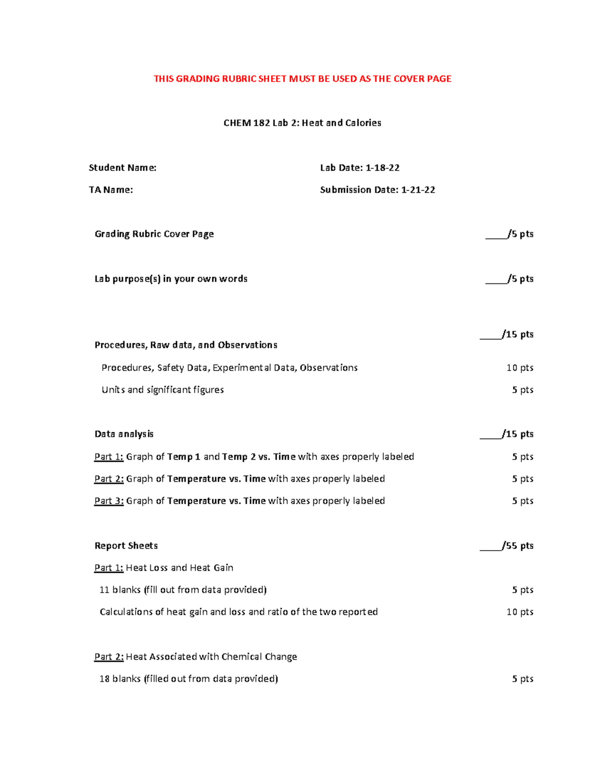 General Chemistry 182 Laboratory Lab 1 Heat and Calories - THIS GRADING ...