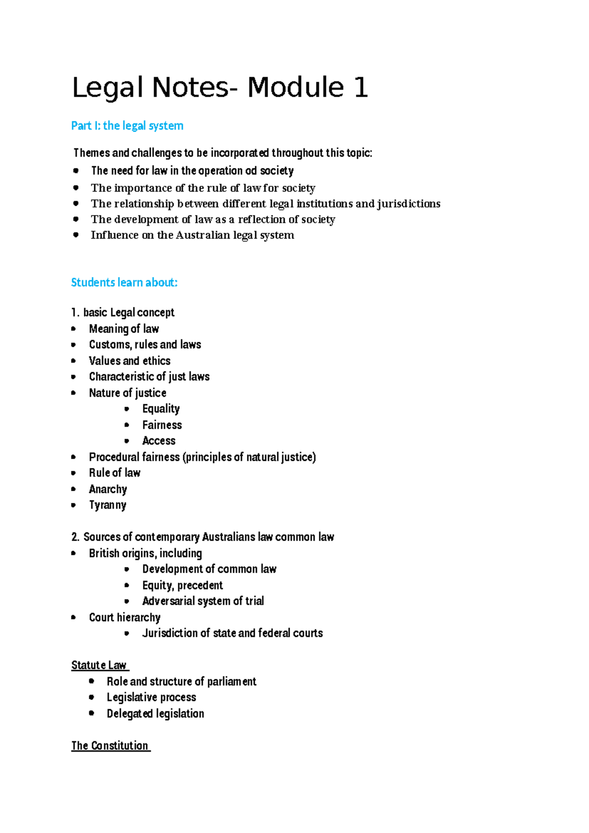 Legal Summary notes (FULL) - Legal Notes- Module 1 Part I: the legal ...