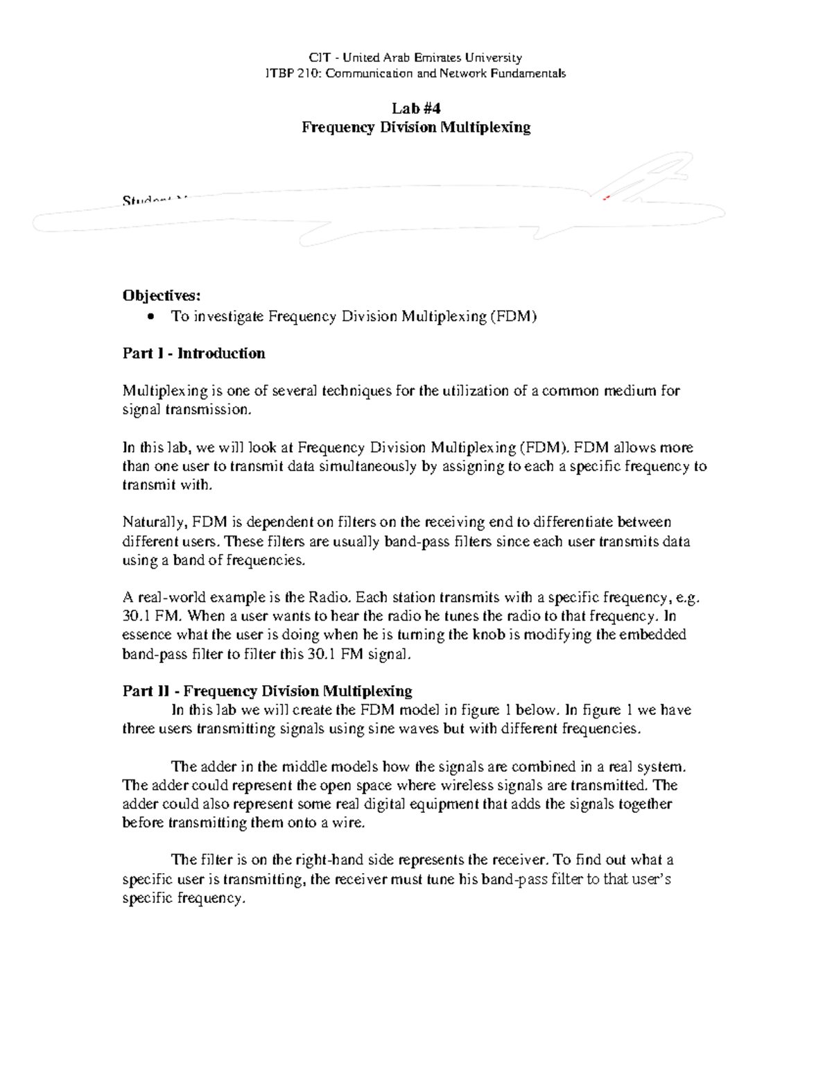 LAB5 - ITBP 210: Communication and Network Fundamentals Lab # 4 Frequency Division Multiplexing ...