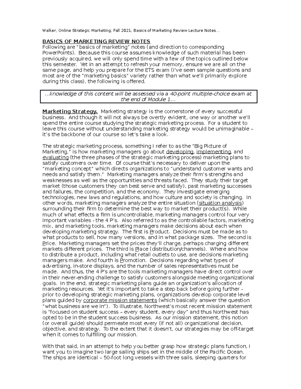 Basics of Mkt Lecture Notes Fall 2021 2 - Walker, Online Strategic ...