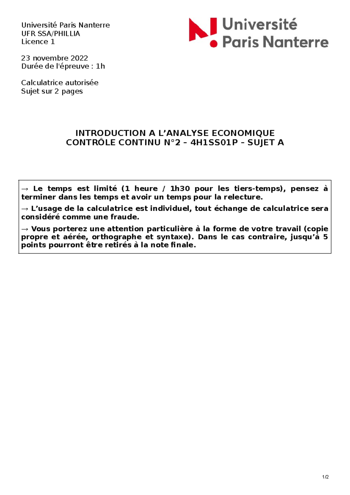 CC2 IAE - Micro Ã©cnomie - Sujet A - Université Paris Nanterre UFR SSA/PHILLIA Licence 1 23 ...