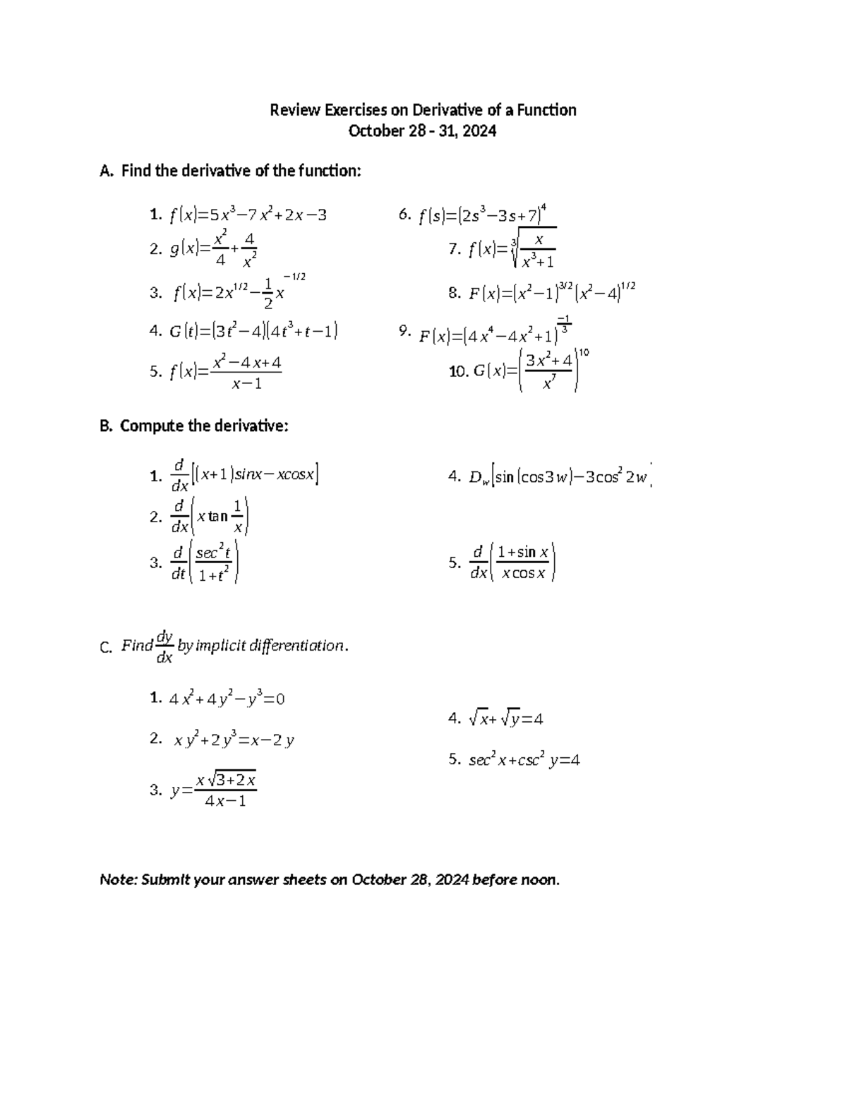 Worksheet-No4 Calculus - Review Exercises on Derivative of a Function ...