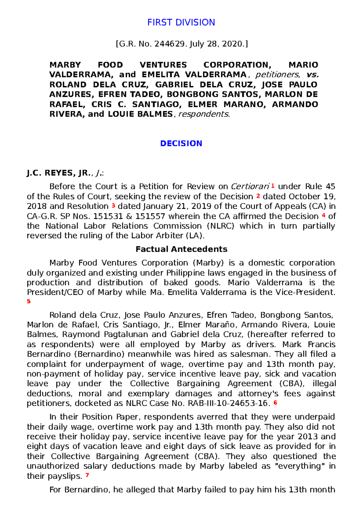 Marby Food Ventures Corp. v. Dela Cruz - FIRST DIVISION [G. No. 244629 ...