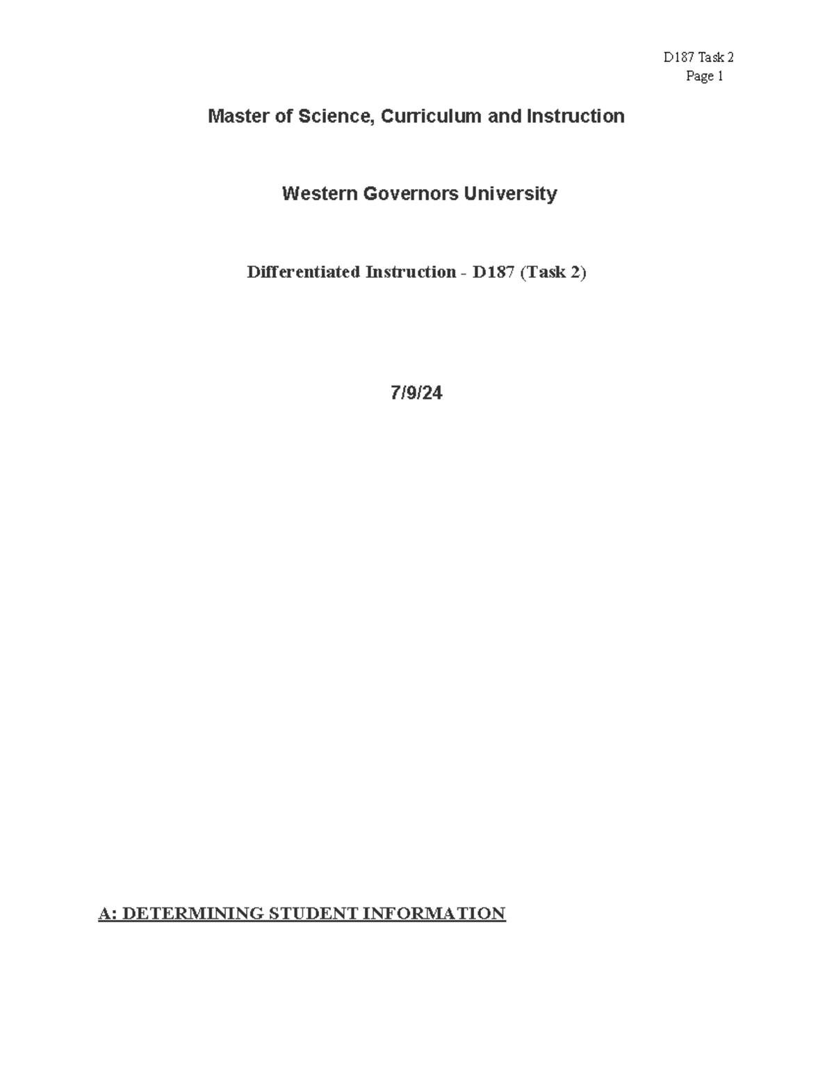 D187 (Task 2) - Passed - Page 1 Master of Science, Curriculum and ...