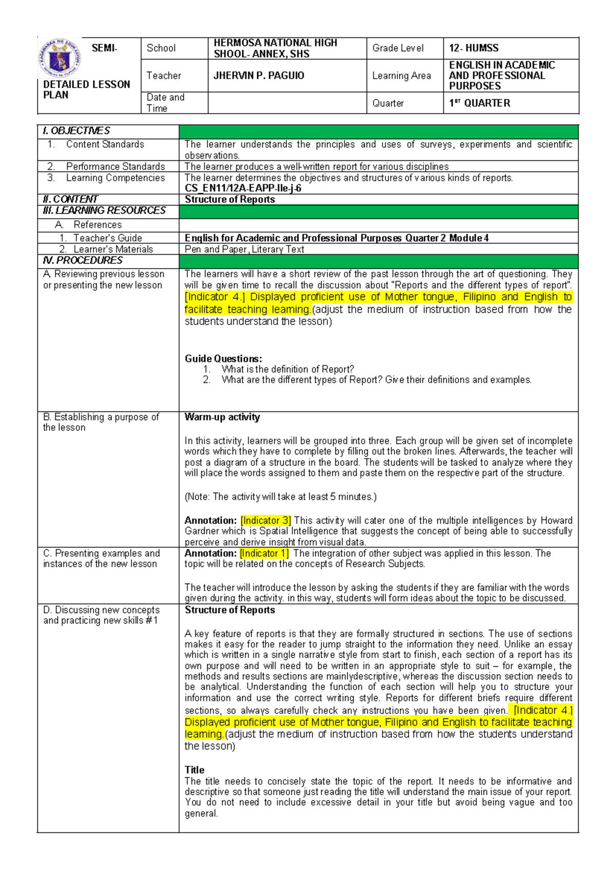 COT ON 1st EAPP - SEMI- DETAILED LESSON PLAN School HERMOSA NATIONAL HIGH SHOOL- ANNEX, SHS ...