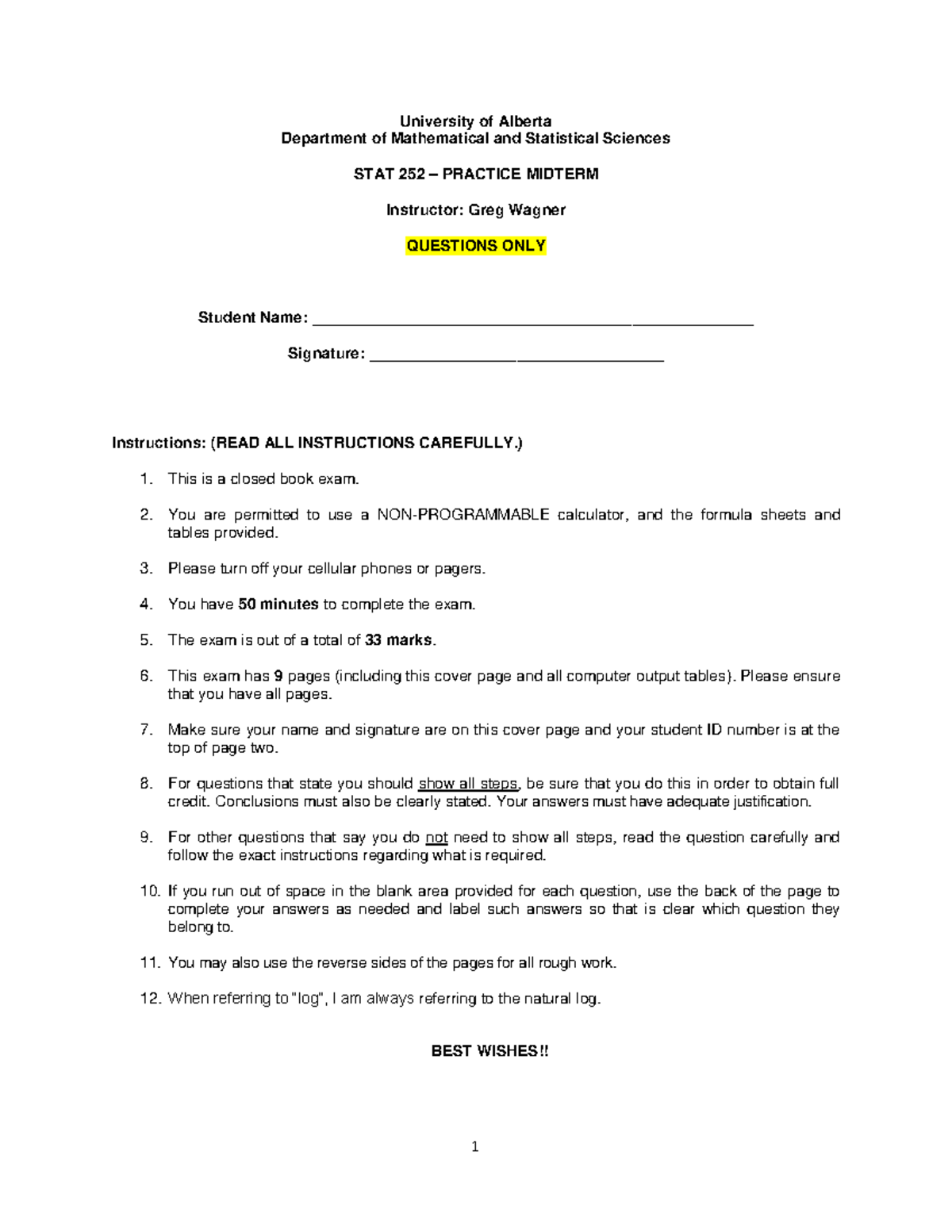 Stat 252 Practice Midterm Greg Questions University Of Alberta