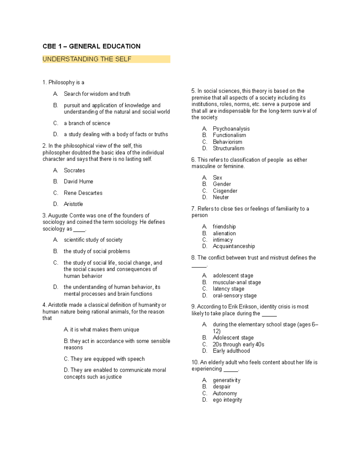 CBE 1 - GE 1 - Understanding the Self - CBE 1 – GENERAL EDUCATION ...