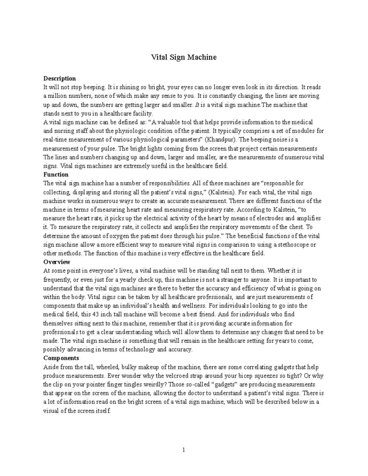 WRT332 Project 2 - Essay on Vital Sign Machine - Vital Sign Machine ...