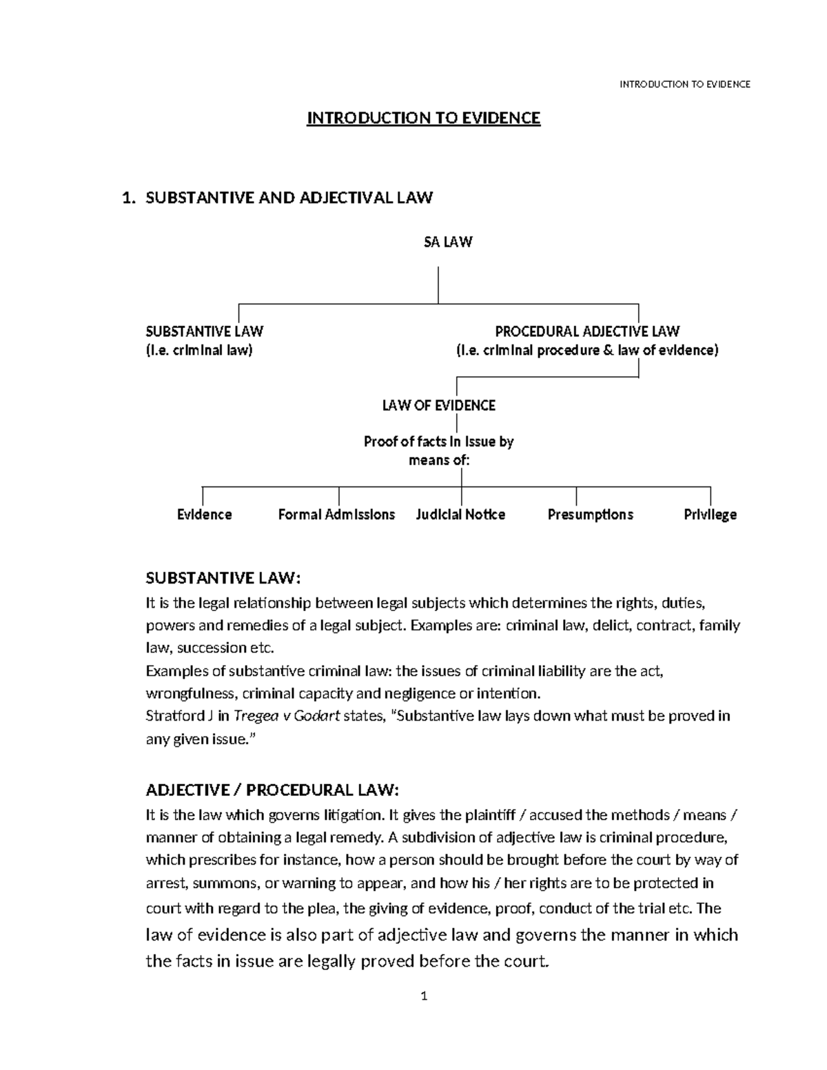 Full law of evidence notes - INTRODUCTION TO EVIDENCE INTRODUCTION TO ...