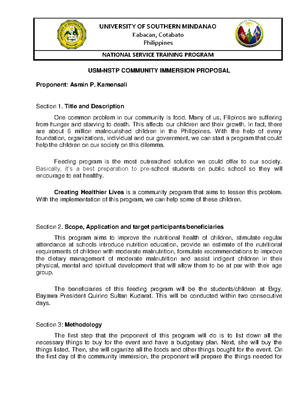 NSTP 2 COMMUNITY IMMERSION PROPOSAL FOR MIDTERM UNIVERSITY OF